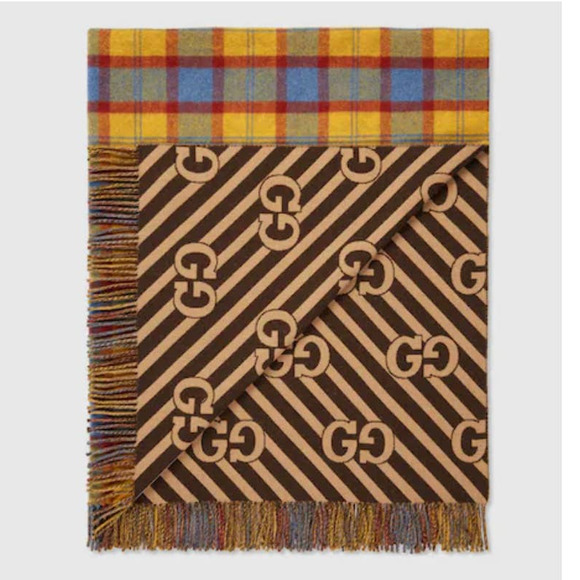 Gucci | Bedding | Gucci Blanket Wool Double Sided Plaid Fringe Throw Gg Logo | Poshmark
